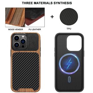 TENDLIN Magnetic Case Compatible with iPhone 14 Pro Max Case Wood Grain with Carbon Fiber Texture Design Leather Hybrid Slim Case (Compatible with MagSafe) Black