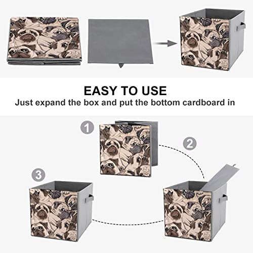 Funny Pug Dogs Faces Canvas Collapsible Storage Bins Cube Organizer Baskets with Handles for Home Office Car