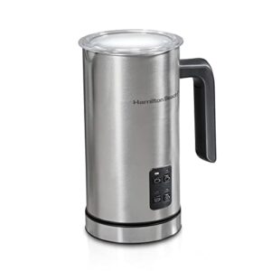 hamilton beach electric milk frother & warmer, automatic warm or cold foam, 5-10 oz., create café-quality coffee, latte, cappuccino, frappe, hot chocolate, 4 settings, stainless steel (43565c)