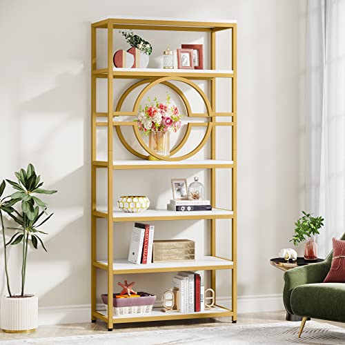 Tribesigns 6-Tier Bookshelf, 74.2" Tall Bookcase Metal Book Shelf, Freestanding Storage Shelves Modern Bookshelf for Home Office Living Room Bedroom (White/Gold, 1PC)