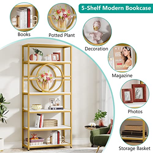 Tribesigns 6-Tier Bookshelf, 74.2" Tall Bookcase Metal Book Shelf, Freestanding Storage Shelves Modern Bookshelf for Home Office Living Room Bedroom (White/Gold, 1PC)