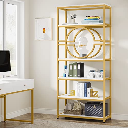 Tribesigns 6-Tier Bookshelf, 74.2" Tall Bookcase Metal Book Shelf, Freestanding Storage Shelves Modern Bookshelf for Home Office Living Room Bedroom (White/Gold, 1PC)