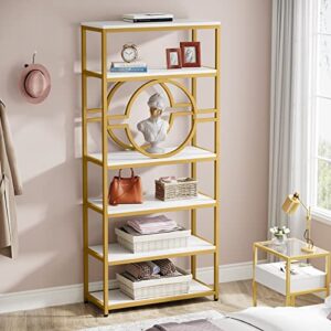 Tribesigns 6-Tier Bookshelf, 74.2" Tall Bookcase Metal Book Shelf, Freestanding Storage Shelves Modern Bookshelf for Home Office Living Room Bedroom (White/Gold, 1PC)