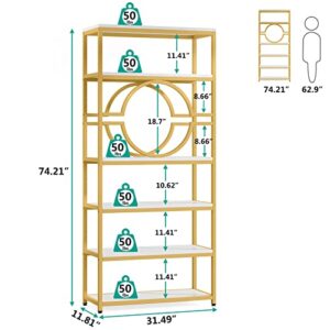 Tribesigns 6-Tier Bookshelf, 74.2" Tall Bookcase Metal Book Shelf, Freestanding Storage Shelves Modern Bookshelf for Home Office Living Room Bedroom (White/Gold, 1PC)