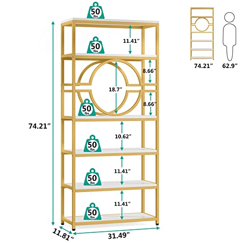 Tribesigns 6-Tier Bookshelf, 74.2" Tall Bookcase Metal Book Shelf, Freestanding Storage Shelves Modern Bookshelf for Home Office Living Room Bedroom (White/Gold, 1PC)