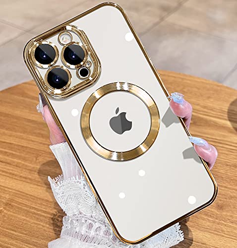 JUESHITUO Magnetic Glossy Clear for iPhone 12 Pro Max Case with Full Camera Cover Protection [No.1 Strong N52 Magnets] [Military Grade Drop Protection] for Women Girls Magsafe Case (6.7")-Gold