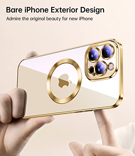 JUESHITUO Magnetic Glossy Clear for iPhone 12 Pro Max Case with Full Camera Cover Protection [No.1 Strong N52 Magnets] [Military Grade Drop Protection] for Women Girls Magsafe Case (6.7")-Gold