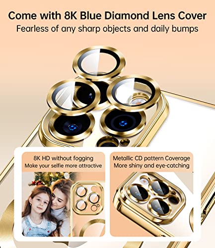 JUESHITUO Magnetic Glossy Clear for iPhone 12 Pro Max Case with Full Camera Cover Protection [No.1 Strong N52 Magnets] [Military Grade Drop Protection] for Women Girls Magsafe Case (6.7")-Gold