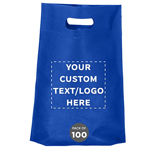 DISCOUNT PROMOS Custom Non-Woven Exhibition Tote Bags Set of 100, Personalized Bulk Pack - Perfect for Shopping, Grocery, Beach, Picnic - Blue