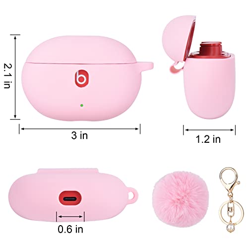 Pink Case for Women Cute Designed for Beats Studio Buds Case Cover with Pom pom, Silicone Protective Keychain Cover Compatible with Beats Studio Buds 2021, Accessories Keychain and Pom pom