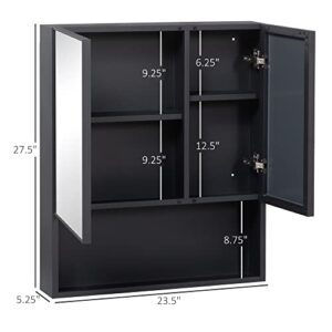 kleankin Wall-Mounted Medicine Cabinet, Bathroom Mirror Cabinet with Double Doors and Storage Shelves, Black