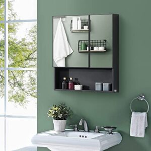 kleankin Wall-Mounted Medicine Cabinet, Bathroom Mirror Cabinet with Double Doors and Storage Shelves, Black