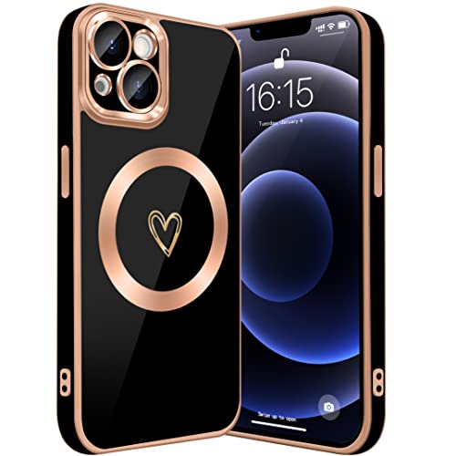 YKCZL Compatible with iPhone 13 Case MagSafe, Luxury Plating Cute Heart Full Camera Lens Protection Magnetic Case for iPhone 13 for Women Girls-Black