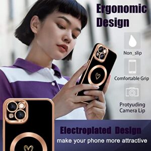 YKCZL Compatible with iPhone 13 Case MagSafe, Luxury Plating Cute Heart Full Camera Lens Protection Magnetic Case for iPhone 13 for Women Girls-Black