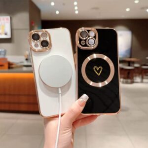 YKCZL Compatible with iPhone 13 Case MagSafe, Luxury Plating Cute Heart Full Camera Lens Protection Magnetic Case for iPhone 13 for Women Girls-Black