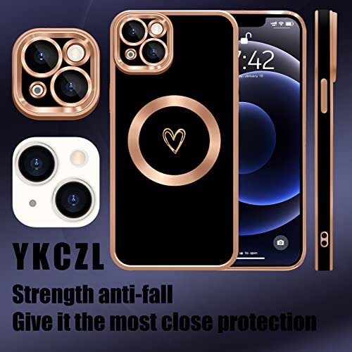 YKCZL Compatible with iPhone 13 Case MagSafe, Luxury Plating Cute Heart Full Camera Lens Protection Magnetic Case for iPhone 13 for Women Girls-Black