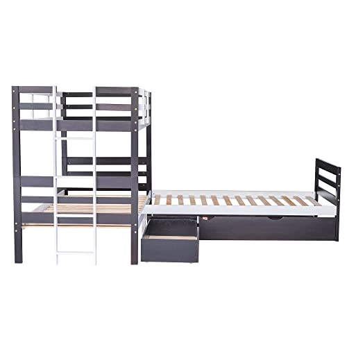 Woanke Twin Over Twin L-Shaped Bunk Bed with Platform Bed and Trundle Attached, Twin Size Triple Bunk Bed for 4 Kids, Corner Twin Over Twin Platform Bed with Drawers, No Box Spring Needed