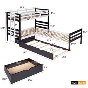 Woanke Twin Over Twin L-Shaped Bunk Bed with Platform Bed and Trundle Attached, Twin Size Triple Bunk Bed for 4 Kids, Corner Twin Over Twin Platform Bed with Drawers, No Box Spring Needed