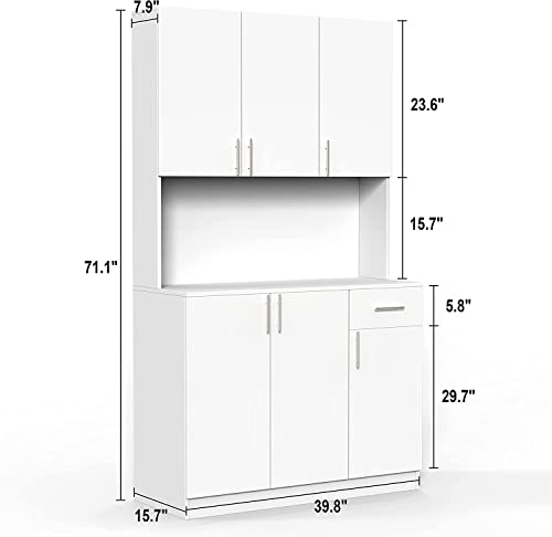 White Coffee Bar Cabinet 71" Modern Kitchen Buffet Storage Cabinet with Hutch White Kitchen Pantry Storage Cabinet with Drawer and 5 Door Coffee Bar Kitchen Buffet Hutch for Dining Room, White