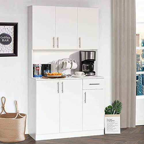 White Coffee Bar Cabinet 71" Modern Kitchen Buffet Storage Cabinet with Hutch White Kitchen Pantry Storage Cabinet with Drawer and 5 Door Coffee Bar Kitchen Buffet Hutch for Dining Room, White