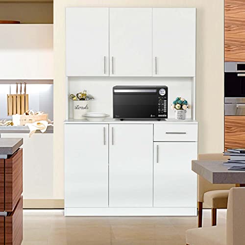 White Coffee Bar Cabinet 71" Modern Kitchen Buffet Storage Cabinet with Hutch White Kitchen Pantry Storage Cabinet with Drawer and 5 Door Coffee Bar Kitchen Buffet Hutch for Dining Room, White