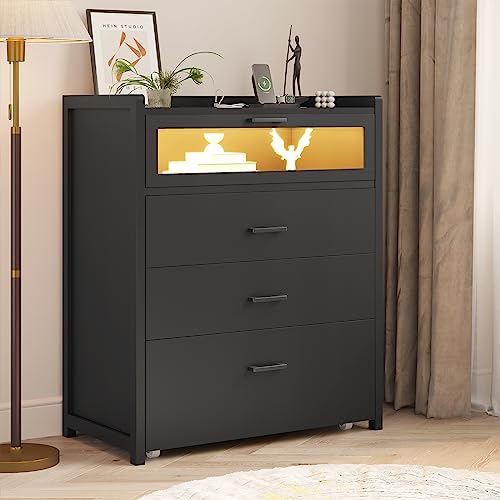 VIAGDO Chest of Drawers with LED Light, Black 4 Dresser, Tall Dresser Flip Drawer and Wheels, Wood Bedroom Storage Cabinet for Closet, Hallway, Black-4 Drawers-tall