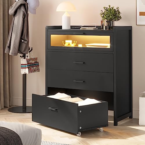 VIAGDO Chest of Drawers with LED Light, Black 4 Dresser, Tall Dresser Flip Drawer and Wheels, Wood Bedroom Storage Cabinet for Closet, Hallway, Black-4 Drawers-tall