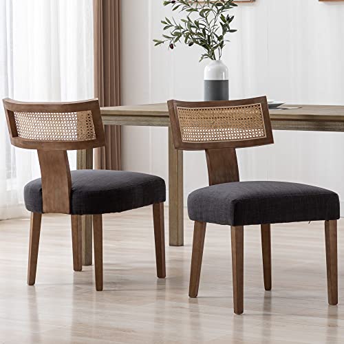 VESCASA Linen Upholstered Dining Chairs with Natural Wood Legs, Farmhouse Padded Dining Chairs with Rattan Curved Open Back for Dining Room, Kitchen, Set of 2, Charcoal