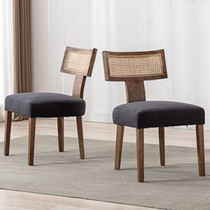 VESCASA Linen Upholstered Dining Chairs with Natural Wood Legs, Farmhouse Padded Dining Chairs with Rattan Curved Open Back for Dining Room, Kitchen, Set of 2, Charcoal