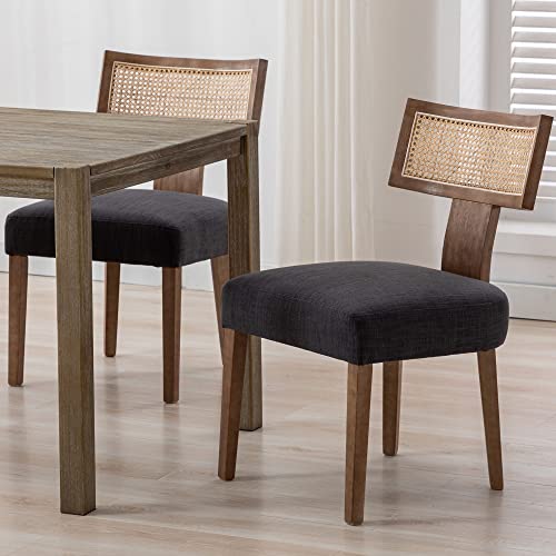 VESCASA Linen Upholstered Dining Chairs with Natural Wood Legs, Farmhouse Padded Dining Chairs with Rattan Curved Open Back for Dining Room, Kitchen, Set of 2, Charcoal