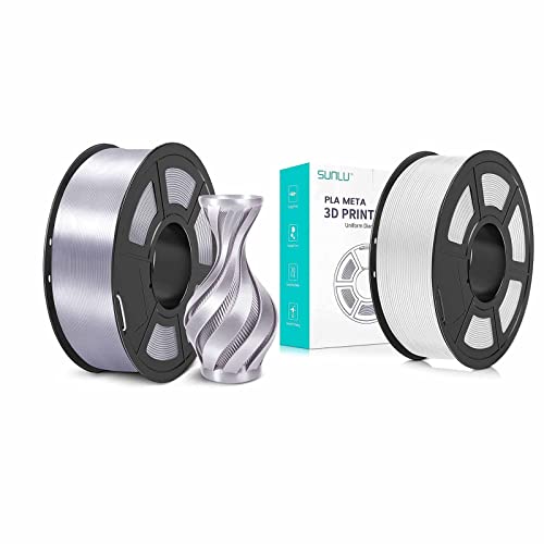 3D Printer Silk Filament and PLA Meta Filament, SUNLU Shiny Silk PLA Filament 1.75mm, Smooth Silky Surface, Great Easy to Print for 3D Printers, Dimensional Accuracy +/- 0.02mm, Silk Silver 1KG, White