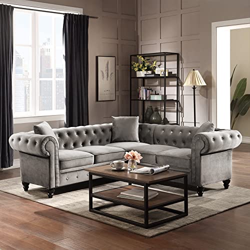 SZUBEE 8080" L Shaped Sectional Sofa Living Room Furniture Deep Button Tufted Velvet Upholstered Rolled Arm Classic Chesterfield 3 Pillows Included, Grey