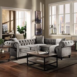 SZUBEE 8080" L Shaped Sectional Sofa Living Room Furniture Deep Button Tufted Velvet Upholstered Rolled Arm Classic Chesterfield 3 Pillows Included, Grey