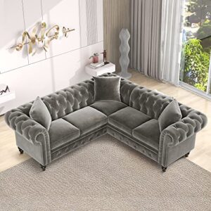 SZUBEE 8080" L Shaped Sectional Sofa Living Room Furniture Deep Button Tufted Velvet Upholstered Rolled Arm Classic Chesterfield 3 Pillows Included, Grey