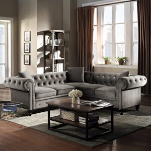 SZUBEE 8080" L Shaped Sectional Sofa Living Room Furniture Deep Button Tufted Velvet Upholstered Rolled Arm Classic Chesterfield 3 Pillows Included, Grey