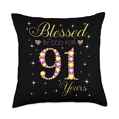 Blessed by God 91st Birthday Gift for Ladies Blessed by God for 91 Years Old 91st Birthday Gift for Women Throw Pillow, 18x18, Multicolor