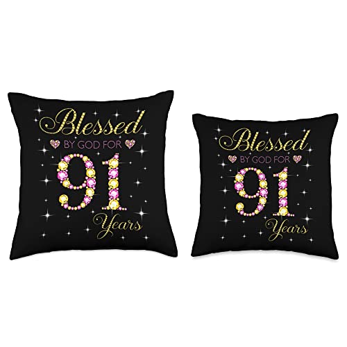 Blessed by God 91st Birthday Gift for Ladies Blessed by God for 91 Years Old 91st Birthday Gift for Women Throw Pillow, 18x18, Multicolor