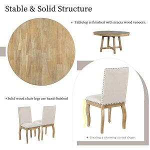 HYC 5-Piece Round Extendable Table and 4 Upholstered Chairs Dining Set Farmhouse Rustic Furniture for 4 Persons Ideal for Kitchen, Living Room and Bar, Natural Wood Wash