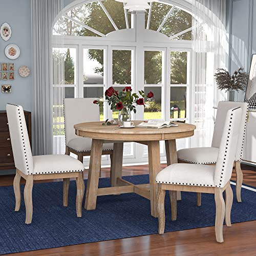 HYC 5-Piece Round Extendable Table and 4 Upholstered Chairs Dining Set Farmhouse Rustic Furniture for 4 Persons Ideal for Kitchen, Living Room and Bar, Natural Wood Wash