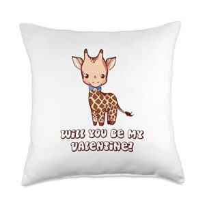 will you be my valentine, giraffe valentines day will valentines day, cute small giraffe throw pillow, 18x18, multicolor