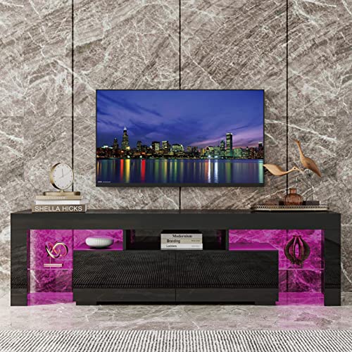 Qiyom Modern High Gloss LED TV Stand for TVs Up to 70", Media Console with 2 Drawers and 2 Glass Shelf, Rustic Entertainment Center for Living Room - Black