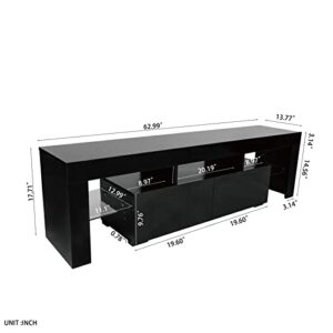 Qiyom Modern High Gloss LED TV Stand for TVs Up to 70", Media Console with 2 Drawers and 2 Glass Shelf, Rustic Entertainment Center for Living Room - Black