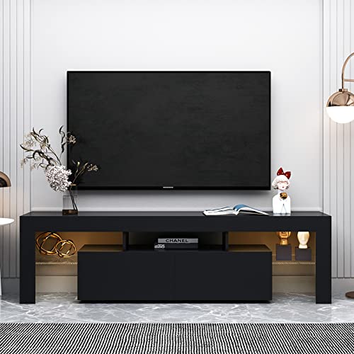 Qiyom Modern High Gloss LED TV Stand for TVs Up to 70", Media Console with 2 Drawers and 2 Glass Shelf, Rustic Entertainment Center for Living Room - Black