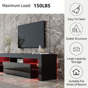 Qiyom Modern High Gloss LED TV Stand for TVs Up to 70", Media Console with 2 Drawers and 2 Glass Shelf, Rustic Entertainment Center for Living Room - Black