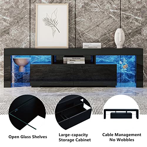 Qiyom Modern High Gloss LED TV Stand for TVs Up to 70", Media Console with 2 Drawers and 2 Glass Shelf, Rustic Entertainment Center for Living Room - Black