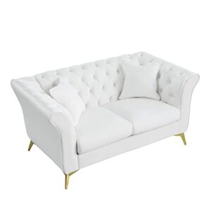 Loveseat Sofa,Upholstered Futon Sofa with Button Tufted Back,Modern Velvet Loveseat Sofa Couch with Armrest,Mid-Century 2 Seater Corner Sofa Couch with Metal Legs for Apartments Bedroom Dorm,White