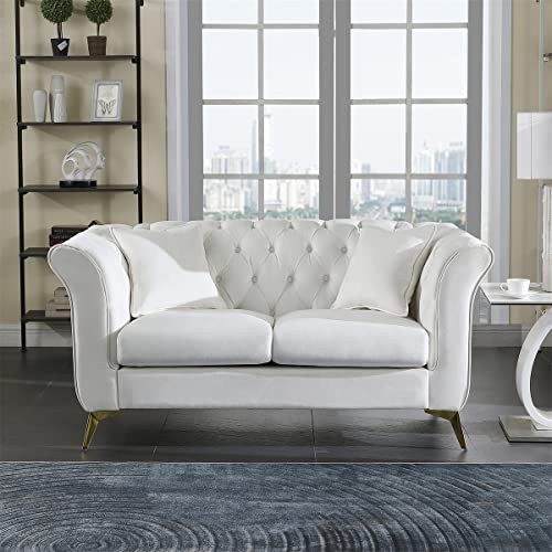 Loveseat Sofa,Upholstered Futon Sofa with Button Tufted Back,Modern Velvet Loveseat Sofa Couch with Armrest,Mid-Century 2 Seater Corner Sofa Couch with Metal Legs for Apartments Bedroom Dorm,White