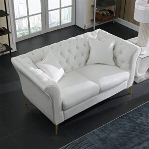 Loveseat Sofa,Upholstered Futon Sofa with Button Tufted Back,Modern Velvet Loveseat Sofa Couch with Armrest,Mid-Century 2 Seater Corner Sofa Couch with Metal Legs for Apartments Bedroom Dorm,White