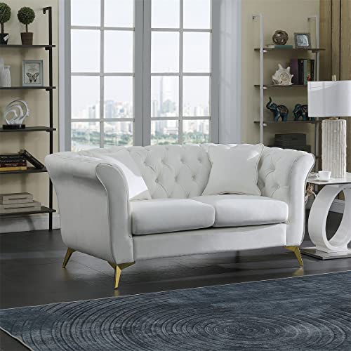 Loveseat Sofa,Upholstered Futon Sofa with Button Tufted Back,Modern Velvet Loveseat Sofa Couch with Armrest,Mid-Century 2 Seater Corner Sofa Couch with Metal Legs for Apartments Bedroom Dorm,White