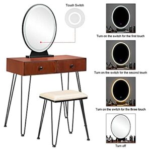 WYKDD Dresser Set Dressing Table Bedroom Wrought Iron Dresser Black Iron feet Brown Table top Built-in 3 Color led